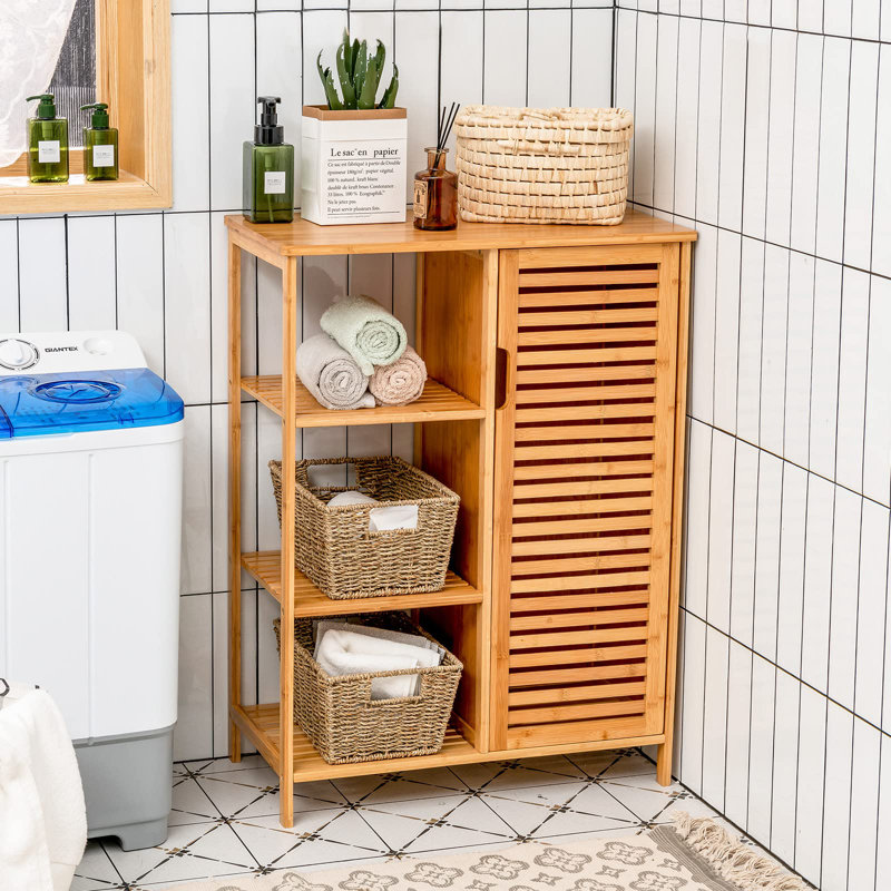 Foundry Select Bathroom Storage Cabinet Bamboo Floor Cabinet Free Standing Organizer With 3 Tier Open Shelf Multipurpose Closed Compartments Wayfair
